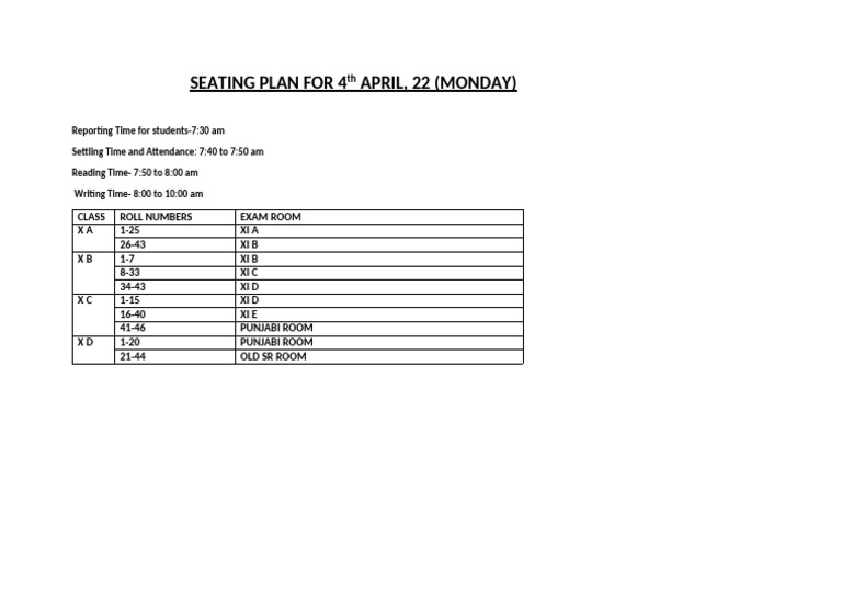 Seating Plan For 4th April 2022 | PDF