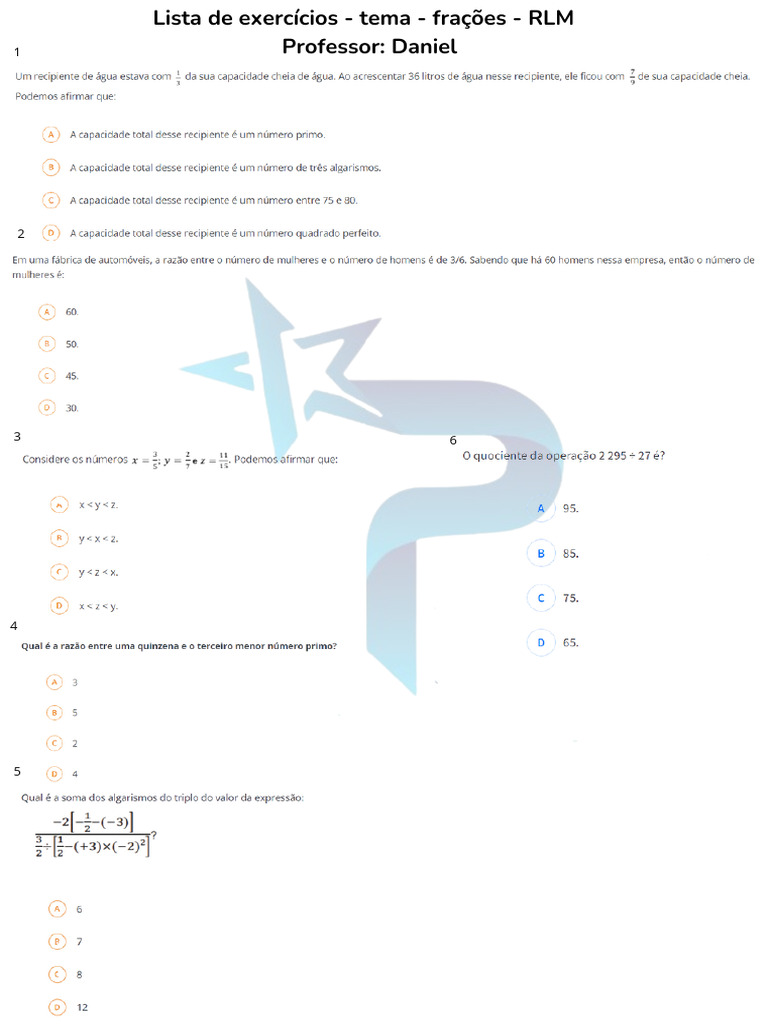 Lista de Exercícios - RLM Professor Daniel | PDF | Métodos e Materiais de Ensino