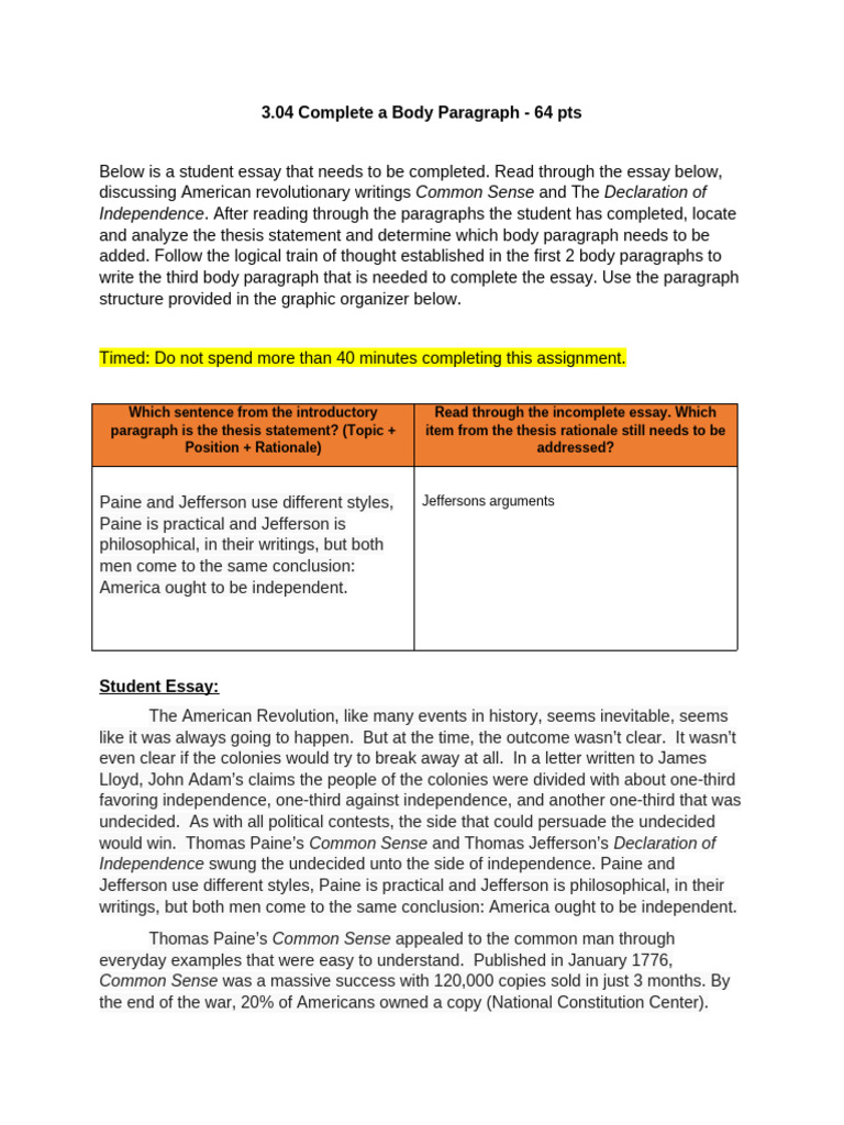 Complete a Body Paragraph for Essay | PDF | United States Declaration ...