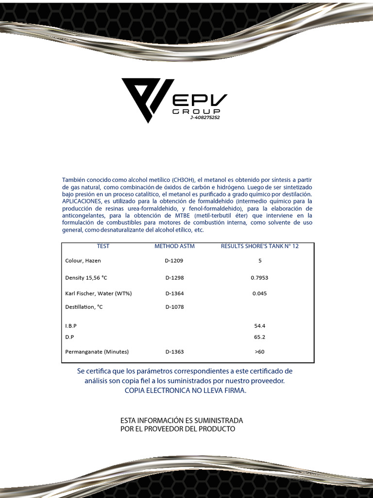 Ficha Técnica del Metanol EPV | PDF