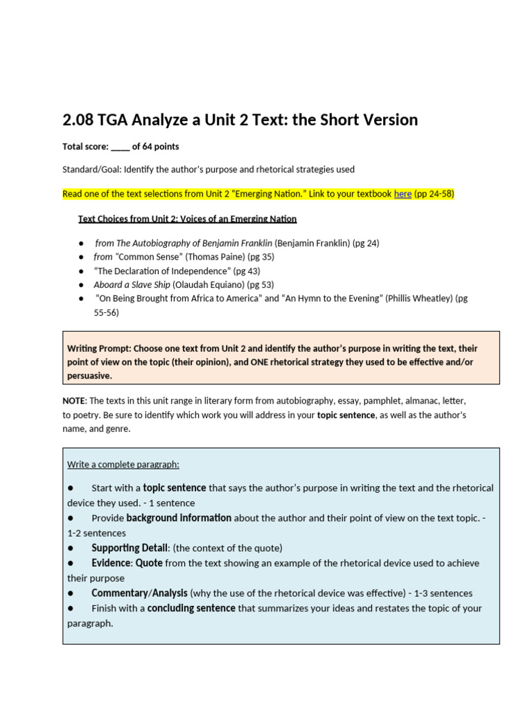 Short Version 2.08 Analyze A Unit 2 Text | PDF | Paragraph | Human Communication