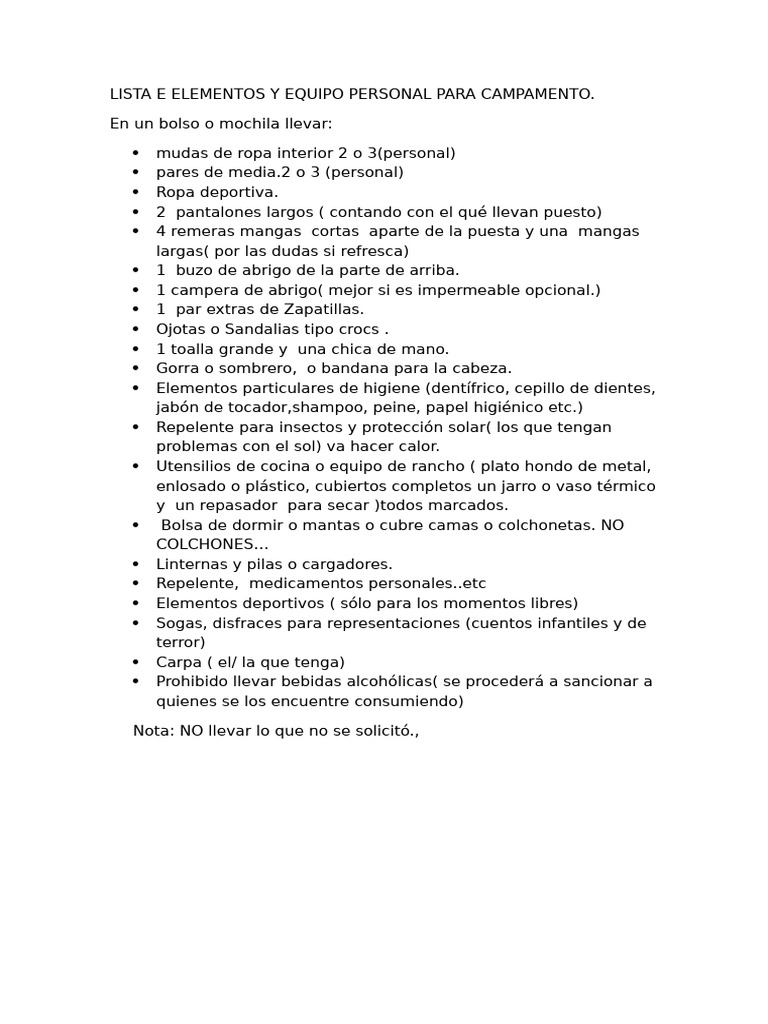 Lista de Elementos Personales para Campamento Terceros Años | PDF