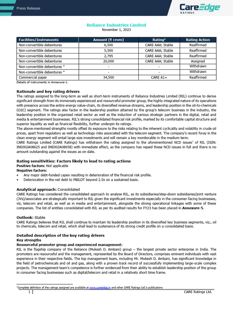 Reliance Industries Ratings Update November 2023 | PDF | Renewable ...