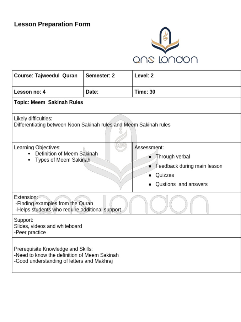 Meem Sakinah Lesson Preparation Form | PDF | Cognition | Behavior Modification