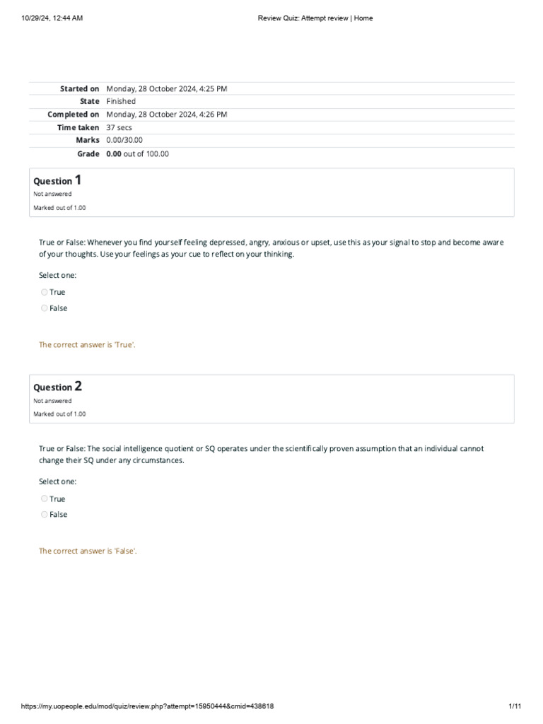 Review Quiz - Attempt Review - Home | PDF | Empathy | Emotions