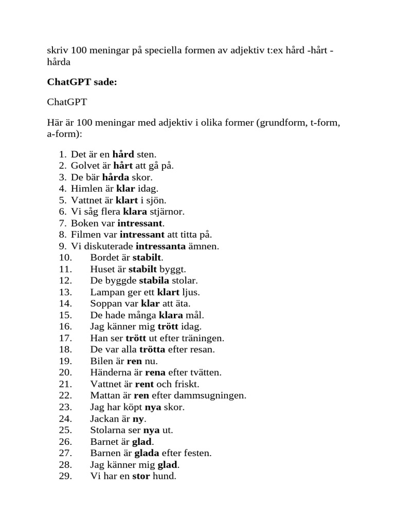 Skriv 100 Meningar På Speciella Formen Av Adjektiv T | PDF
