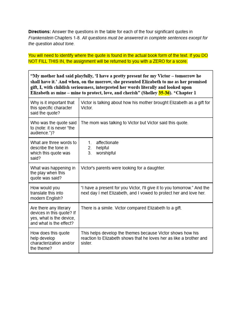 Paige Wright - Frankenstein Significant Quotes Chapters 1-8 | PDF ...