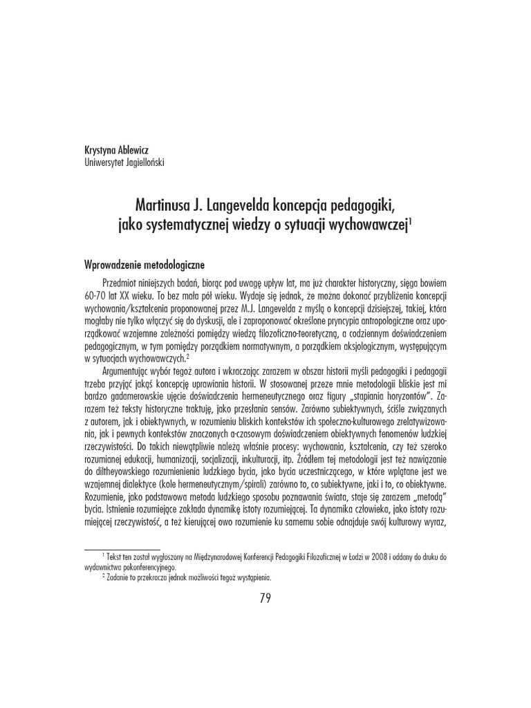 Krystyna Ablewicz Martinusa J. Langevelda Koncepcja Pedagogiki | PDF