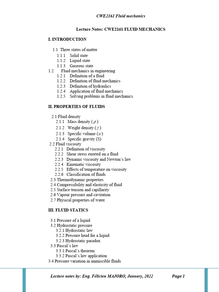 Fluid Mechanics Lecture Notes Overview | PDF | Pressure | Viscosity