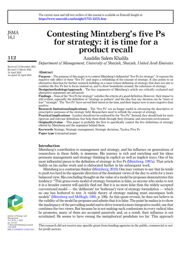 Contesting Mintzberg's Five Ps | PDF | Strategic Management | Concept