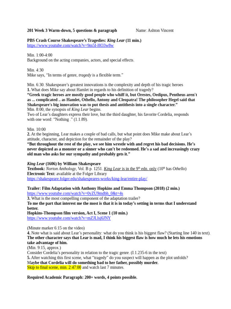 Shakespeare Tragedy Study Guide | PDF | King Lear | William Shakespeare