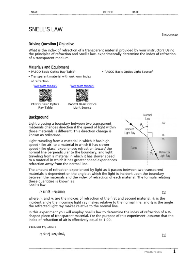 06 AP2 Snells Law S | PDF | Refraction | Refractive Index