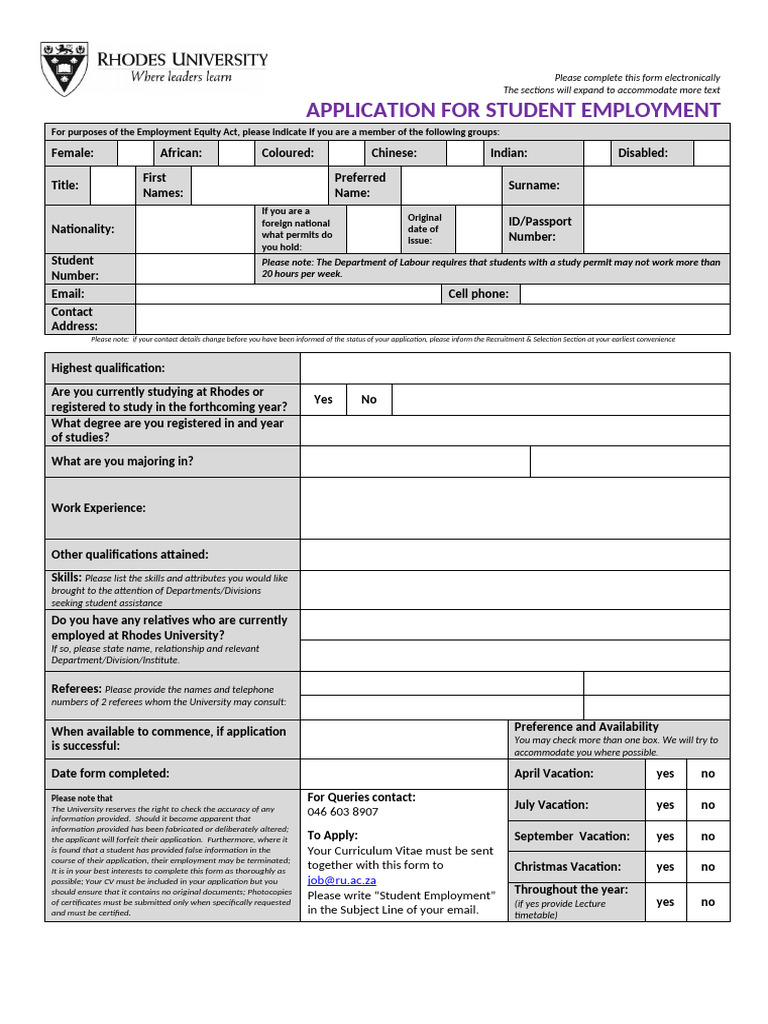 Application For Student Employment | PDF
