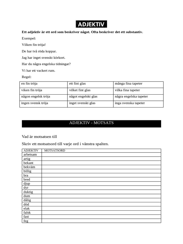 Ett Adjektiv Är Ett Ord Som Beskriver Något | PDF