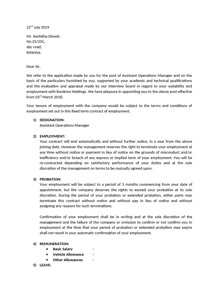 Offer Letter | PDF | Employment | Contractual Term