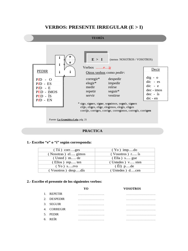Spanish Grammar Exercises A1 Verbos Presente Irregular E I | PDF