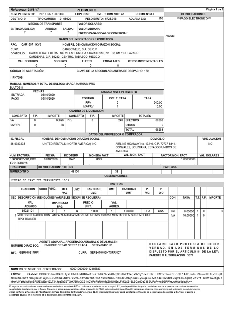 R-TL-74 Lta143379 Pedimento | PDF | Pagos | El comercio internacional