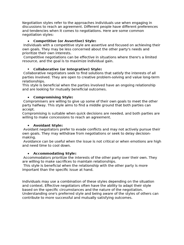 Negotiation Styles Refer To The Approaches Individuals Use W | PDF ...