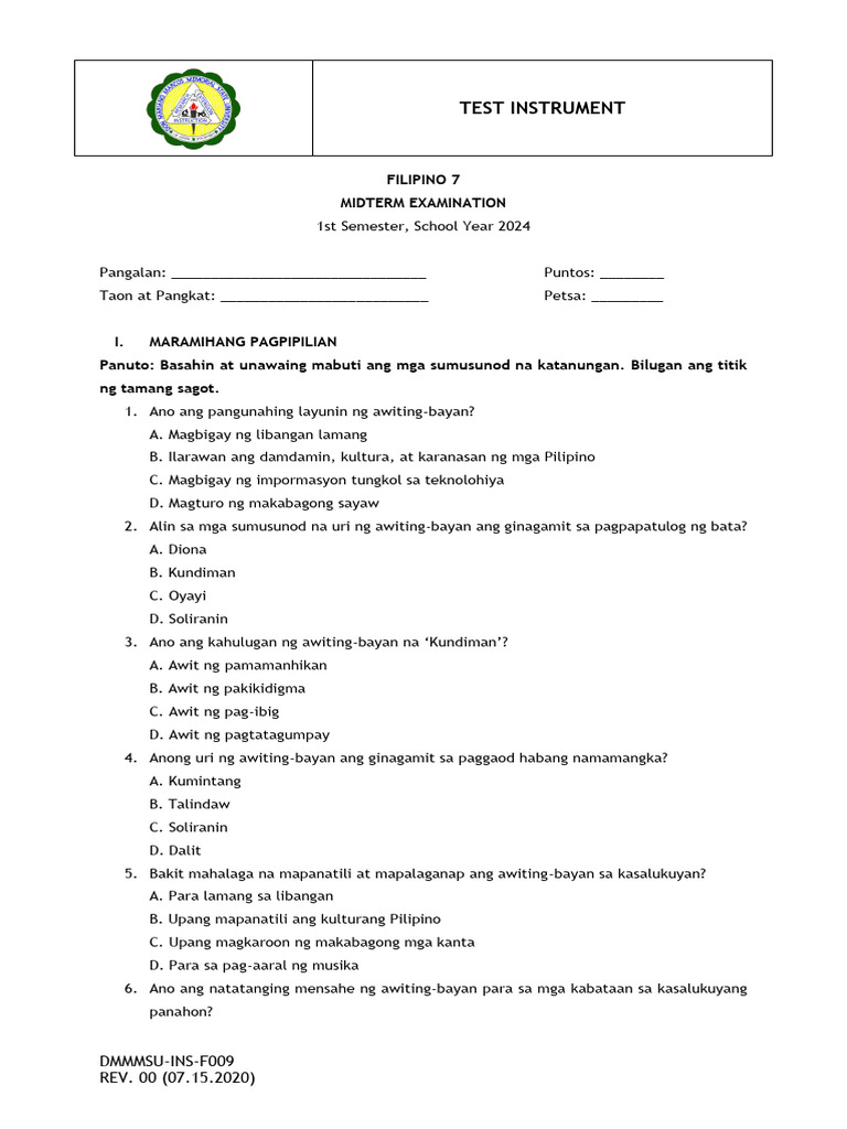 Test Instrument Midterm Exam | PDF