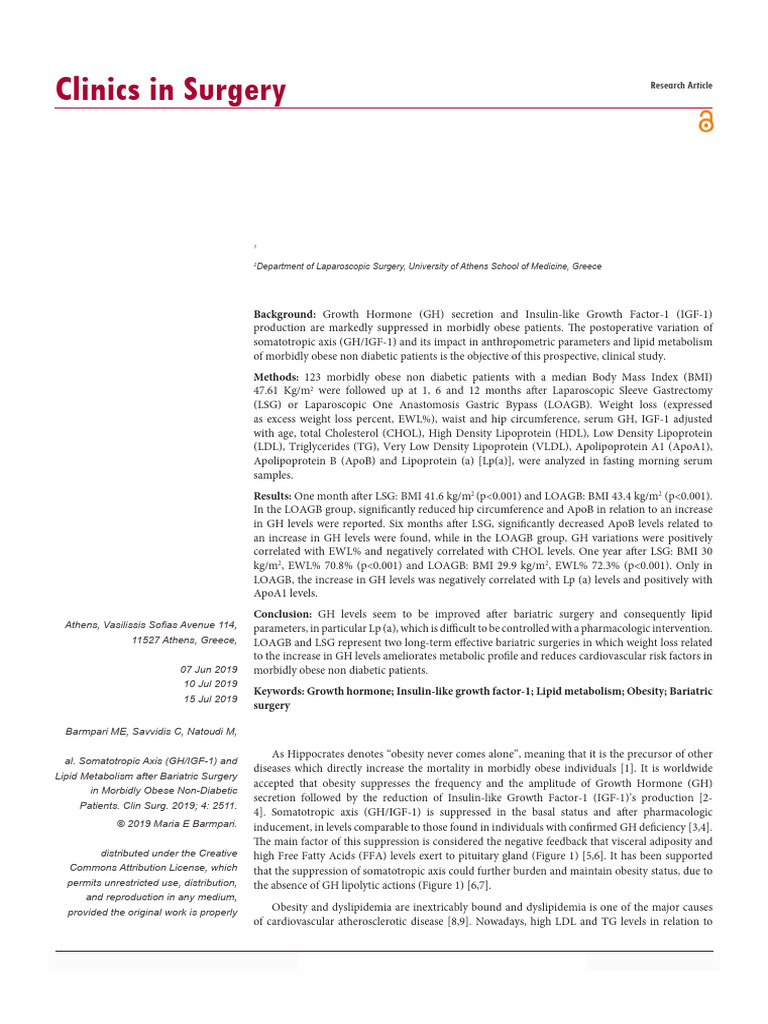 Somatotropic Axis (GHIGF-1) and Lipid Metabolism After Bariatric ... Somatotropic Axis (GHIGF-1) and Lipid Metabolism After Bariatric ...