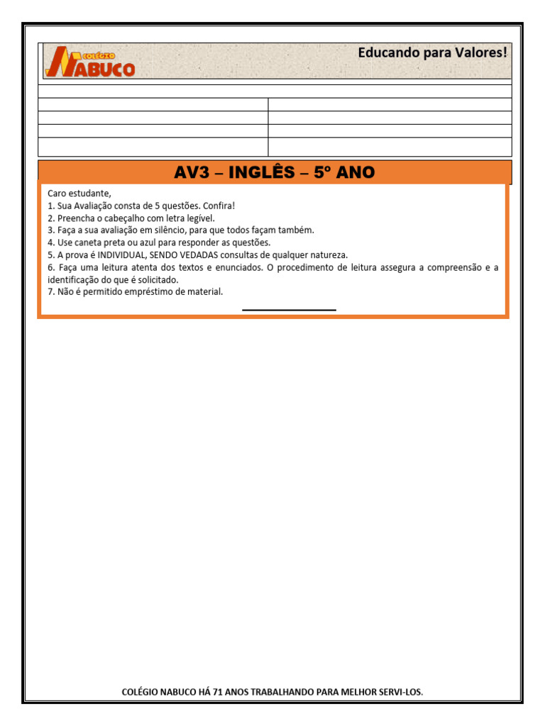 AV3 - Língua Inglesa - 5º ANO - Trimestre II | PDF | Linguística