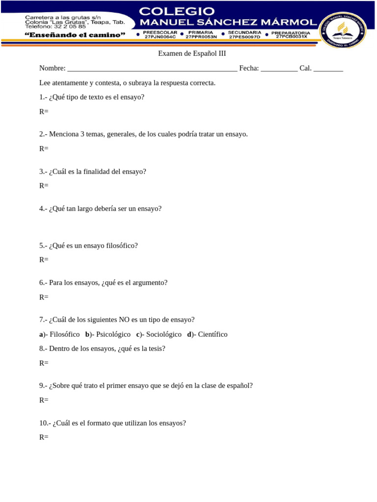 Examen de Español III Ensayo | PDF