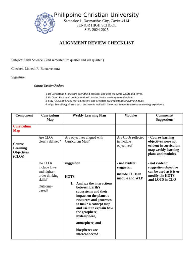 Earth Science (2nd Sem)-Alignment-review-checklist (1) | PDF | Rock (Geology) | Curriculum