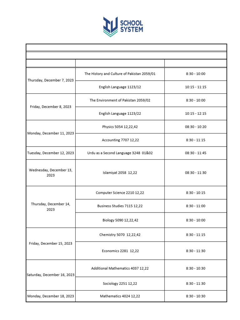 10 Class Time Table | PDF