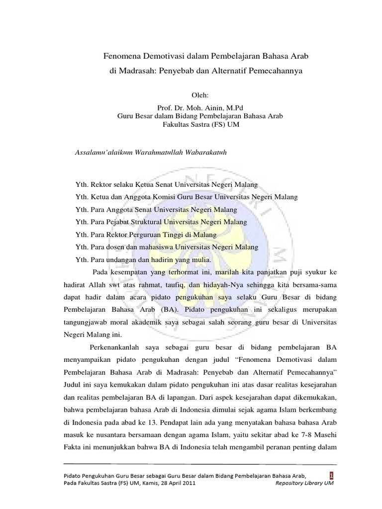 Fenomena Demotivasi Dalam Pembelajaran Bahasa Arab - Moh Ainin - Part 1 - 2 | PDF