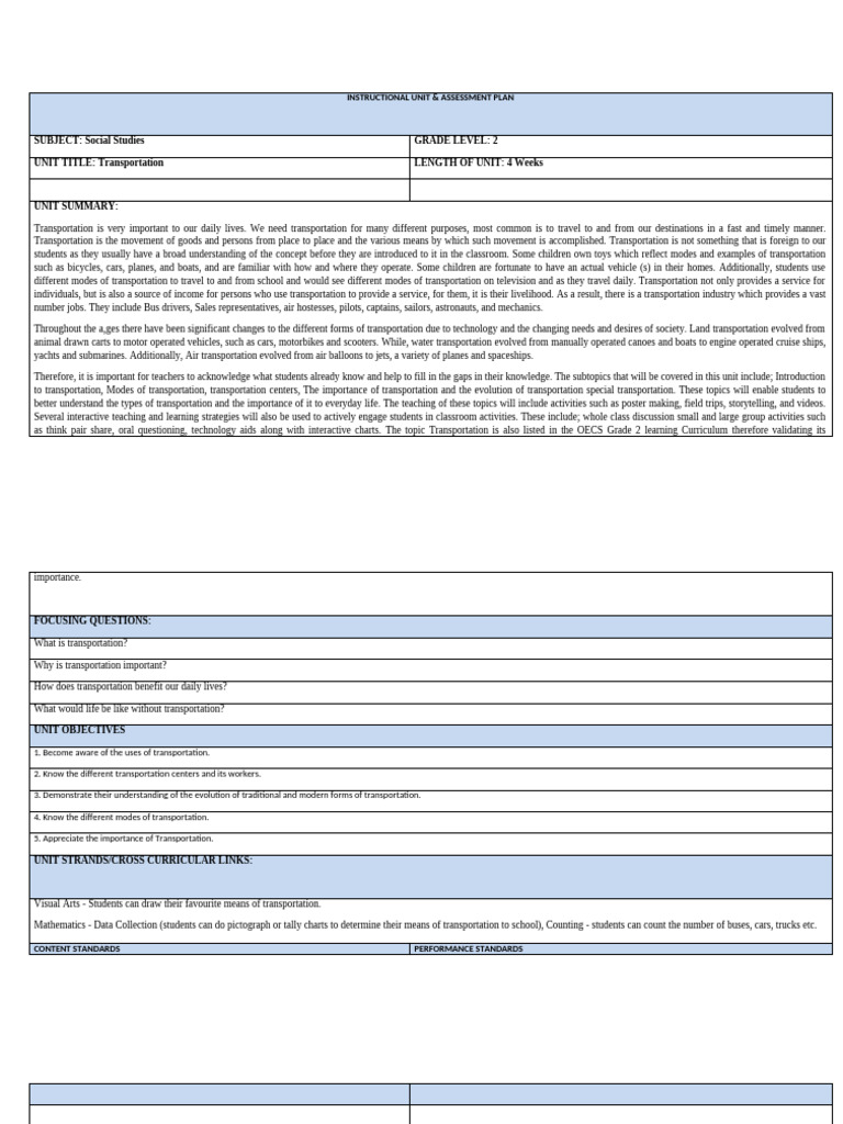 Grade 2 Transportation Unit Plan | PDF | Transport | Learning