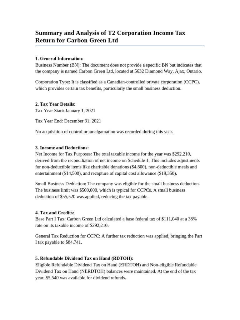 Carbon Green Ltd Tax Summary | PDF | Tax Deduction | Expense