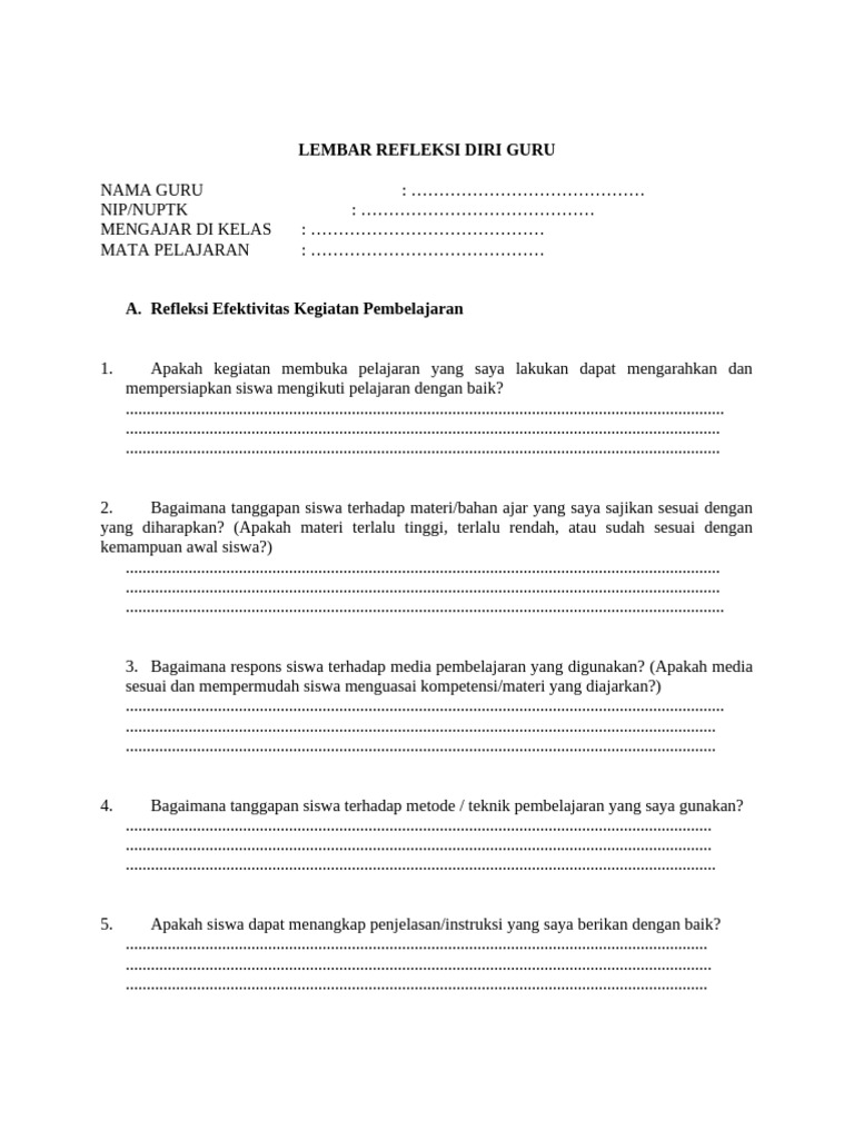 Lembar Refleksi Diri Guru | PDF