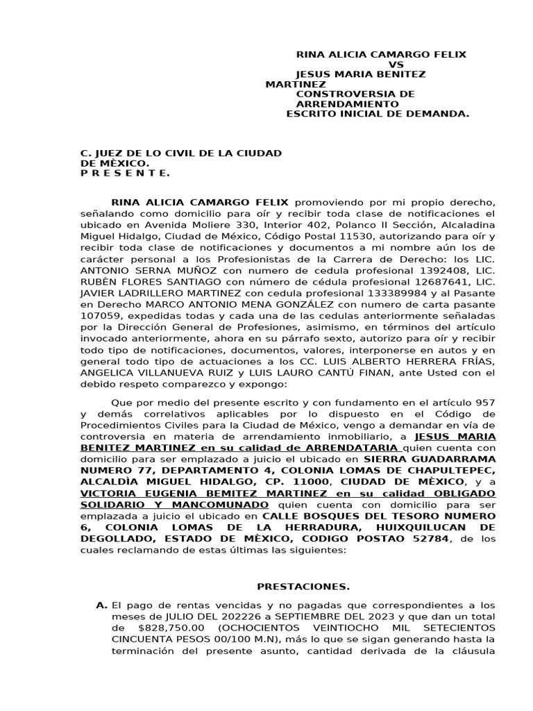 Rina Alicia Camargo Felix Arrendamiento | PDF | Caso de ley | Justicia