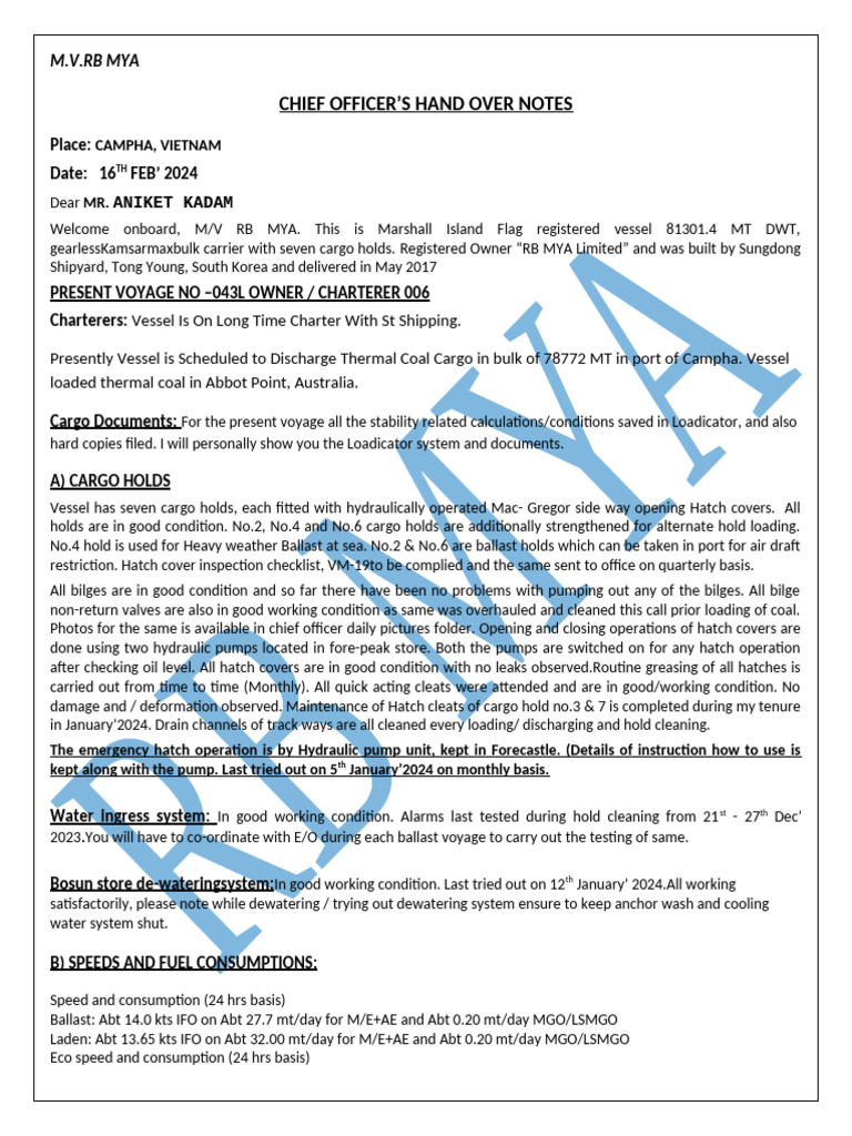 Choff Hand Over Notes February 2024 | PDF | Anchor | Ships