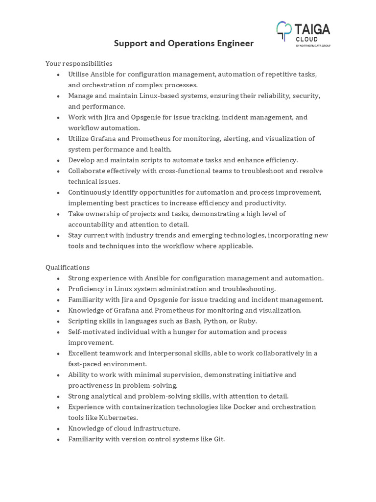Support and Operations Engineer - Taiga Cloud | PDF | Automation | Data Center