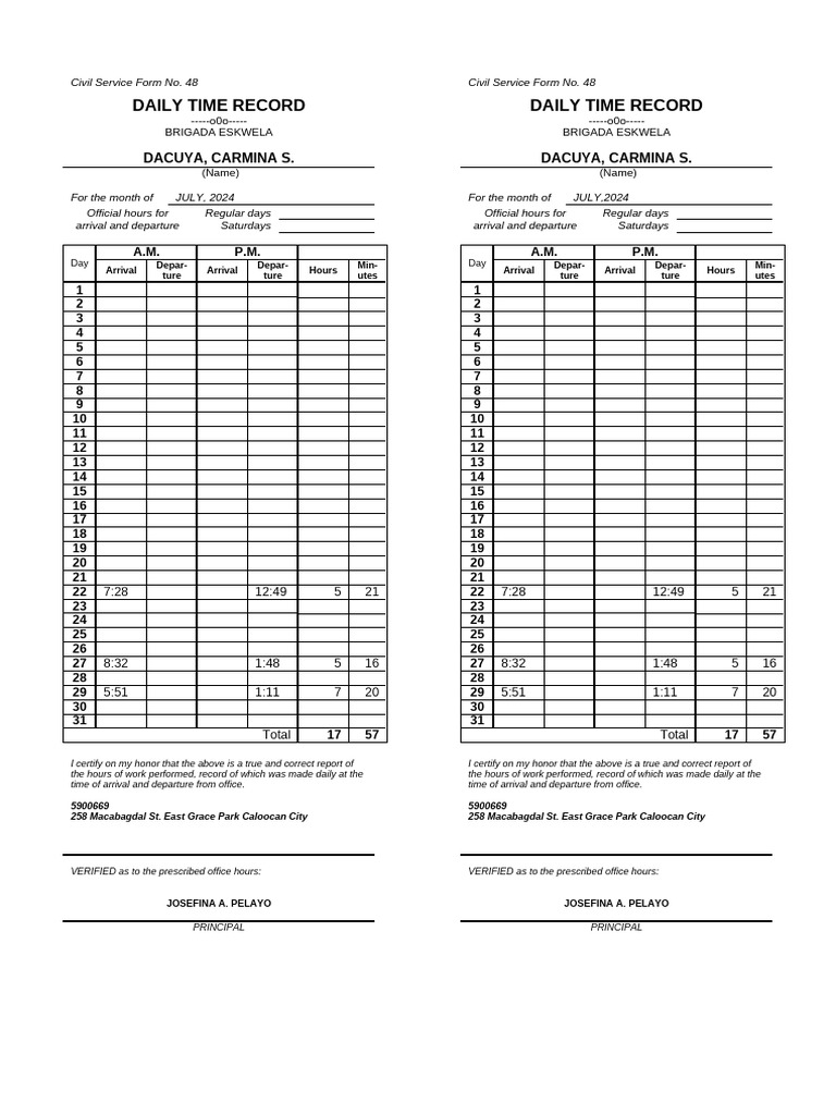 Daily Time Record (DTR) - 115112 | PDF