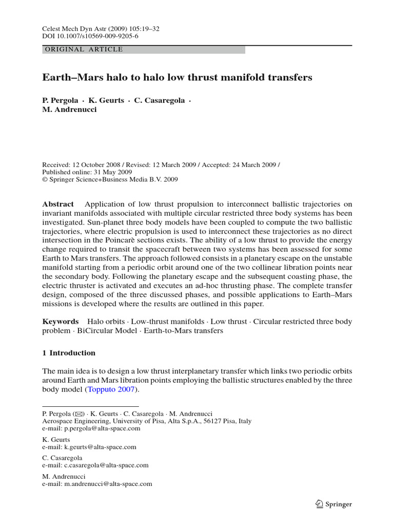 Earth-Mars Halo To Halo Low Thrust Manifold Transfers: P. Pergola K. Geurts C. Casaregola M ...