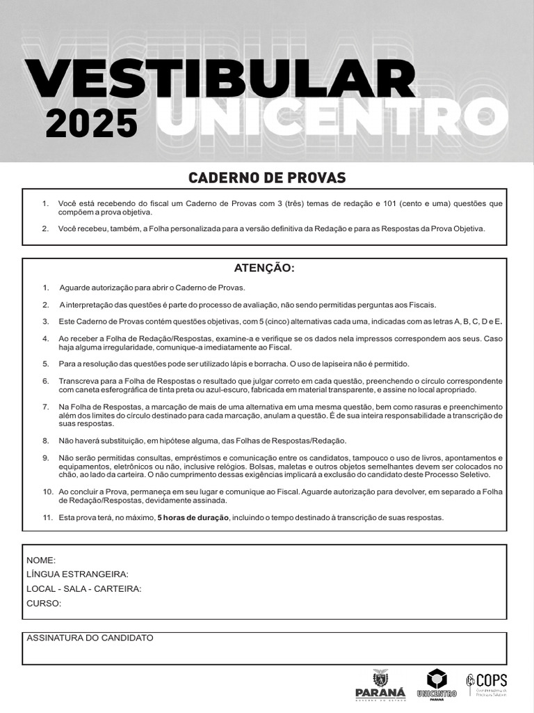 Caderno de Provas Vestibular 2025 | PDF | Português (idioma) | Portugal
