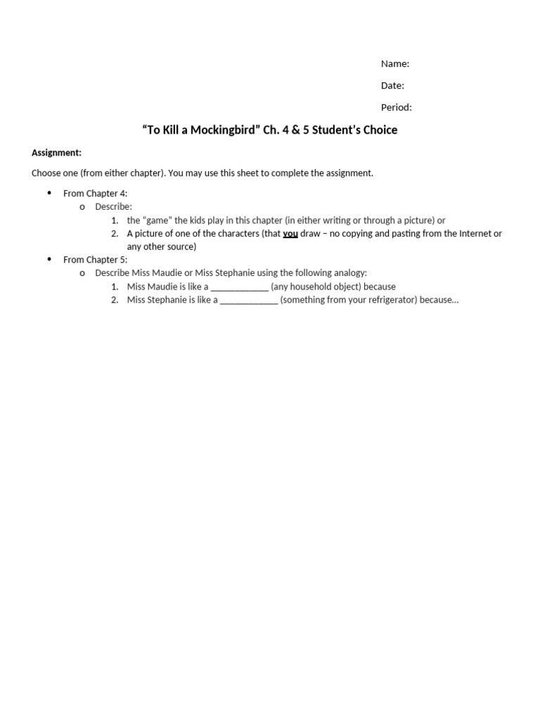 TKAM CH 4 & 5 Student Choice | PDF