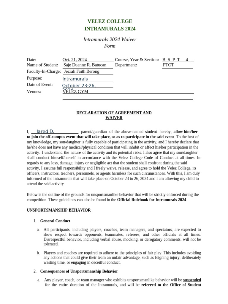 Intrams 2024 Waiver - Template | PDF