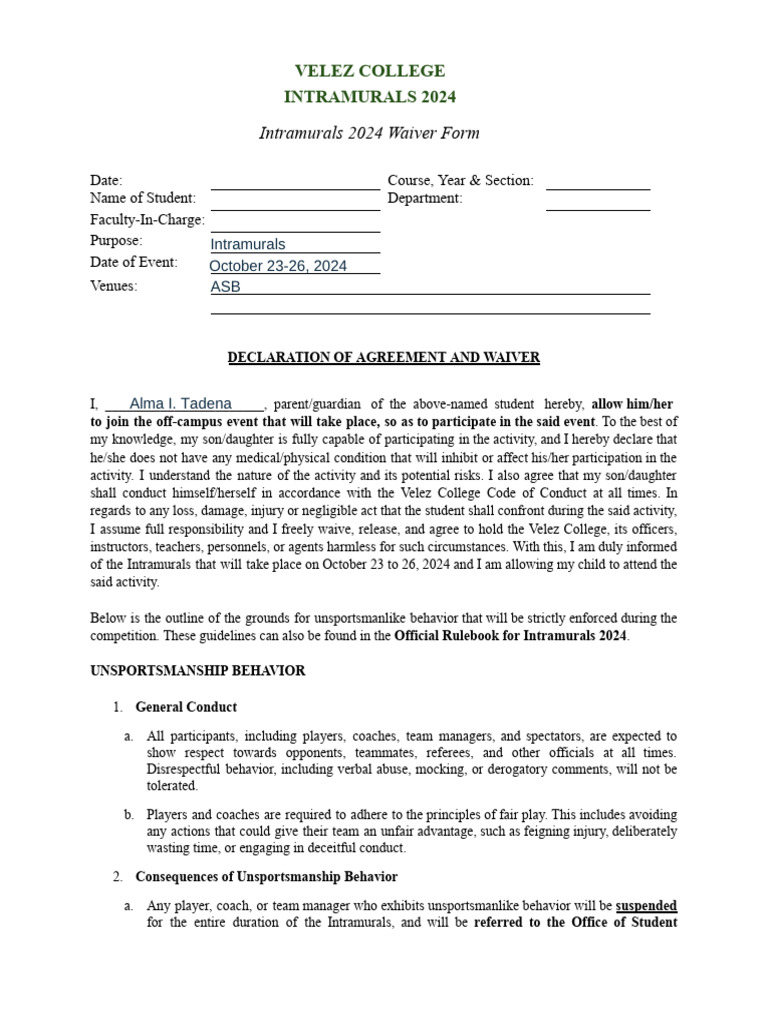 Intrams 2024 Waiver - Template | PDF