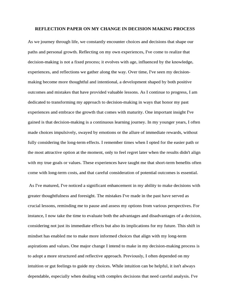 Reflection Paper On My Change in Decision Making Process | PDF ...