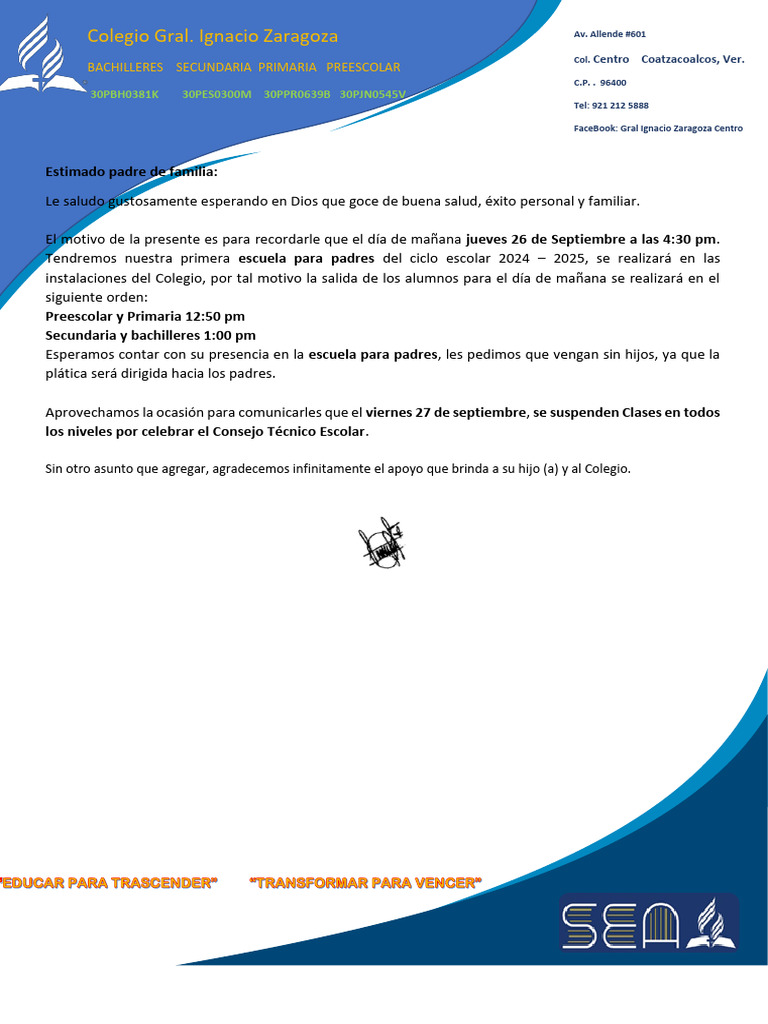 Aviso Padres Salida Temprano | PDF