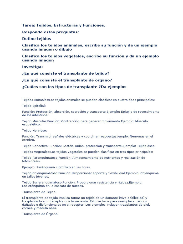 Tejidos, Estructuras y Funciones. | PDF | Transplante de organo ...