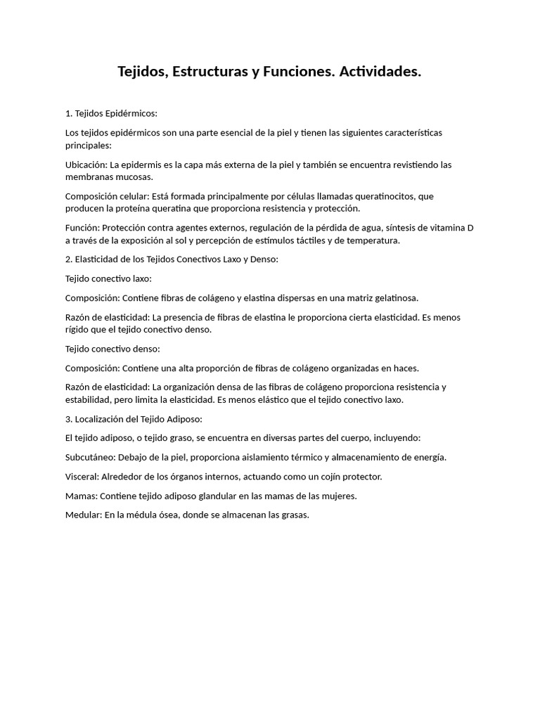 Tejidos, Estructuras y Funciones. Actividades. | PDF | Hogar ...