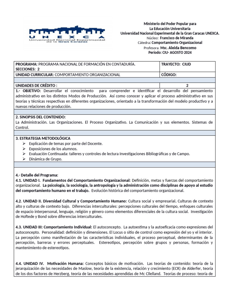 Programa Agos 2024 Comp Org | PDF | Comportamiento organizacional | Comportamiento