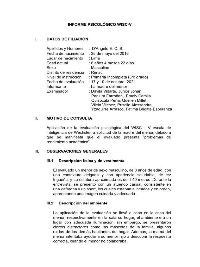 Informe Wisc-V Grupal | PDF | Cociente de inteligencia | Ciencias del comportamiento