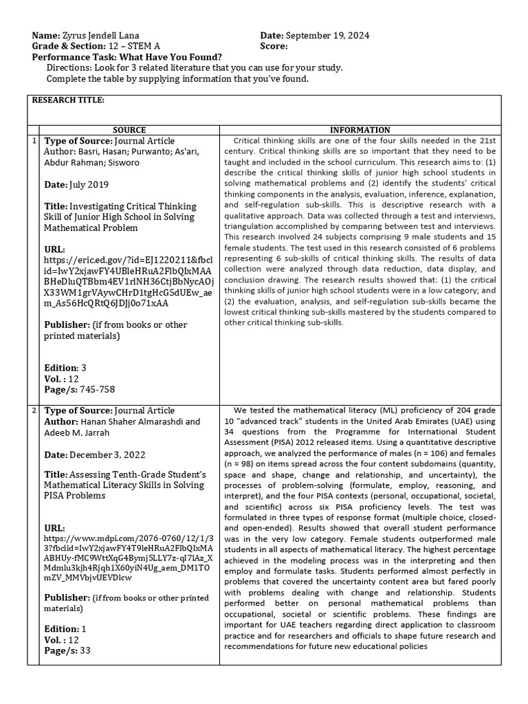 RRL 1 | PDF | Critical Thinking | Programme For International Student ...