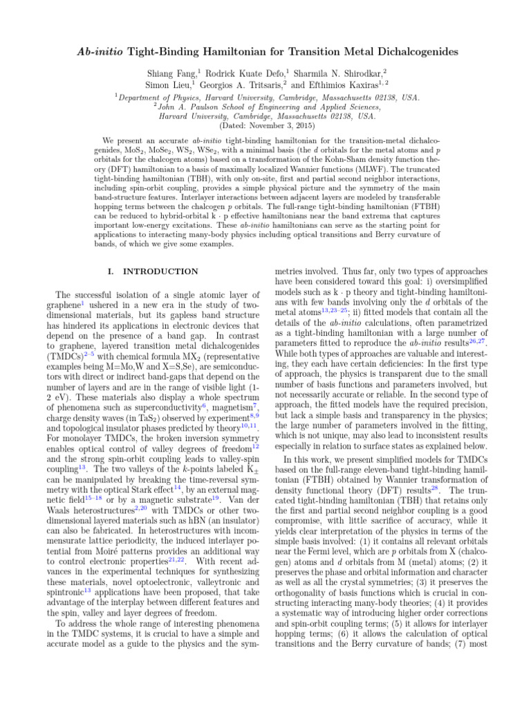2015.Ab-Initio Tight-Binding Hamiltonian For Transition Metal Dichalcogenides | PDF | Crystal ...