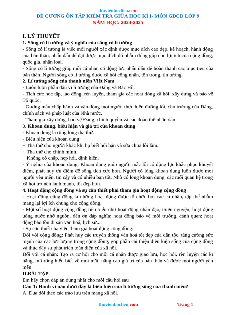 De Cuong On Tap Giua HK1 GDCD 9 Canh Dieu 24 25 | PDF